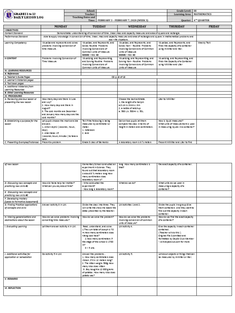 Weekly Math Lesson Plan for Grades 3-12 | PDF | Learning | Teachers