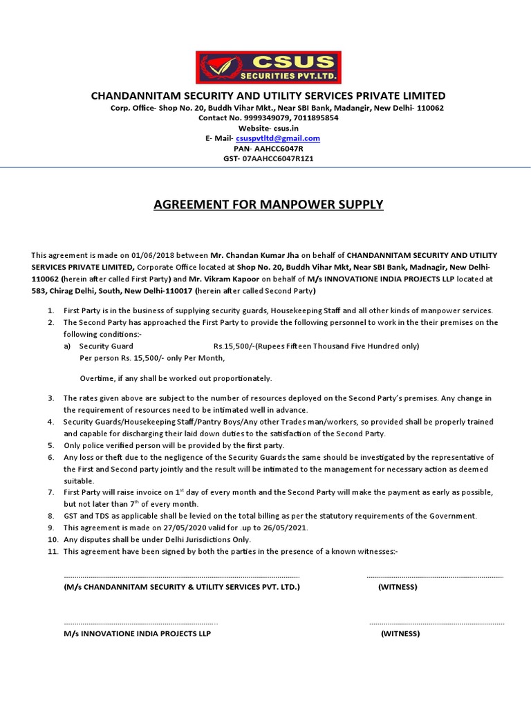 Agreement For Manpower Supply Innovatione India Projects LLP | PDF ...