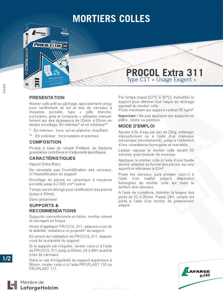 PROCOL Extra 311 | PDF | Mortier (matériau) | Plâtre