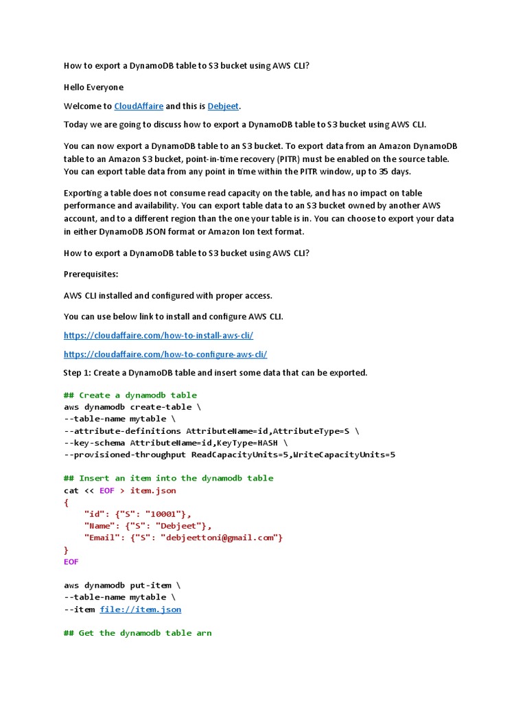 1 How To Export A Dynamodb Table To S3 Bucket Using Cli Pdf Computer Science Amazon Web