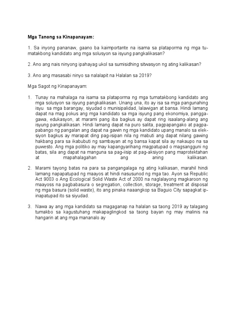 Importansiya Plataporma NG Mga Tumatakbong Kandidato Ang Mga Solusyon Sa Isyung Pangkalikasan | PDF
