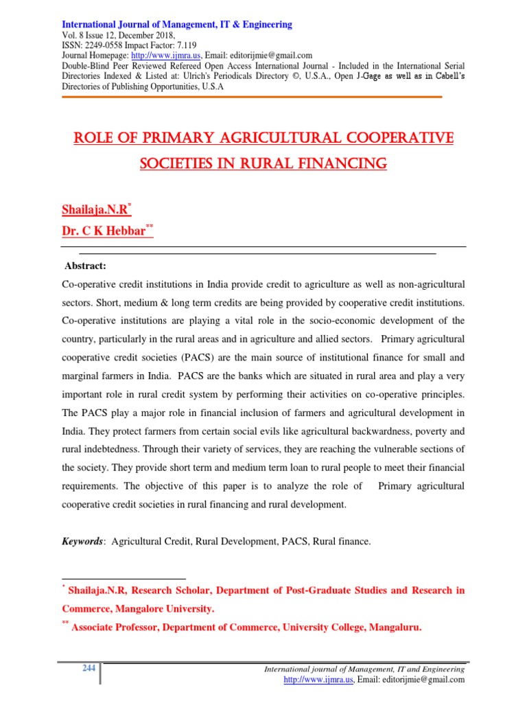 Role of Primary Agricultural Cooperative Societies in Rural Financing ...