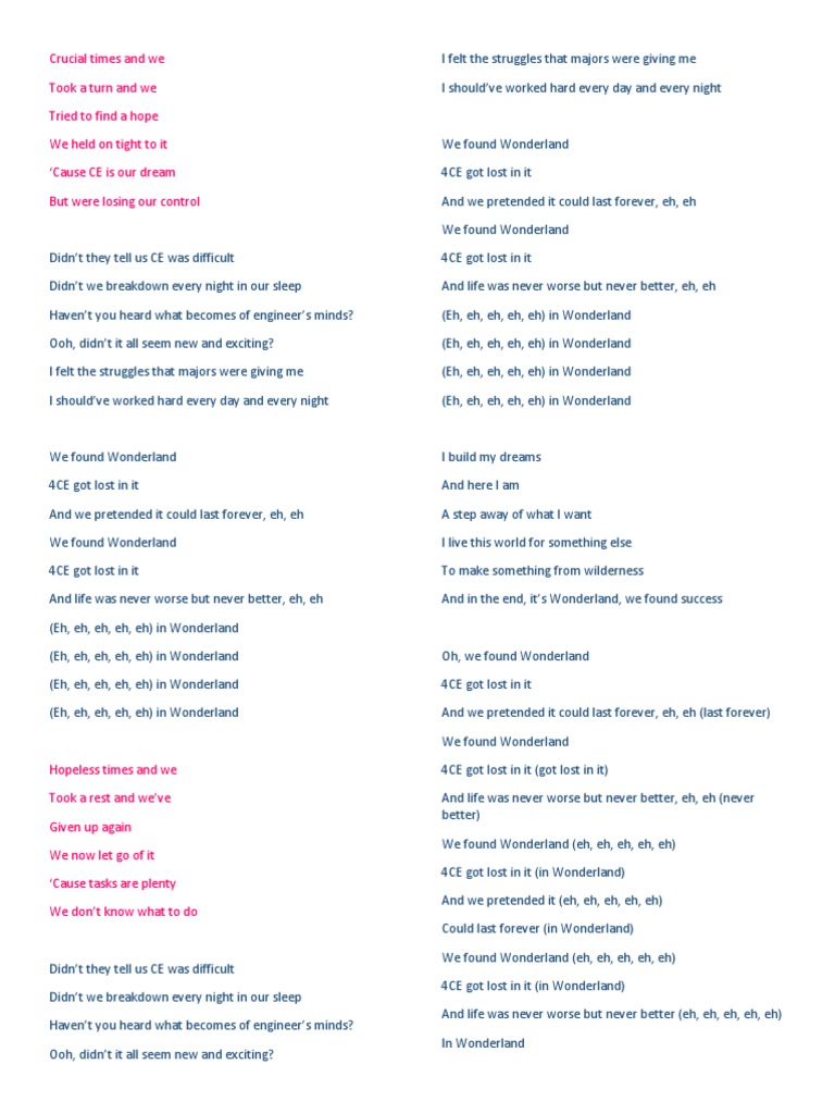 Wonderland Lyrics Pdf