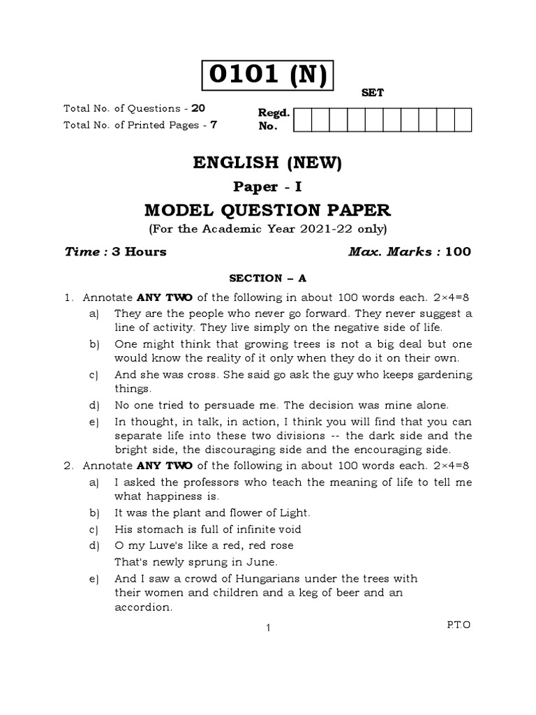 English (New) Model Question Paper | PDF | Verb | Linguistics