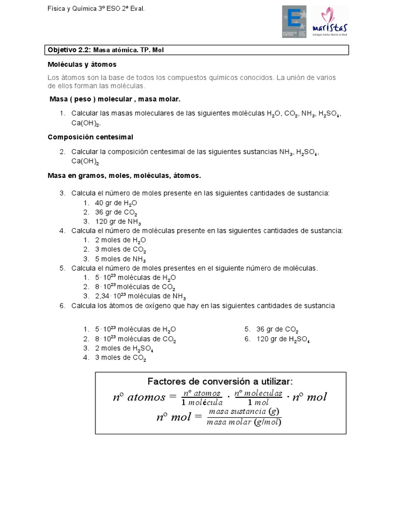 Objetivo 2.2 Ejercicios Moles Moleculas Atomos | PDF | Métodos y ...
