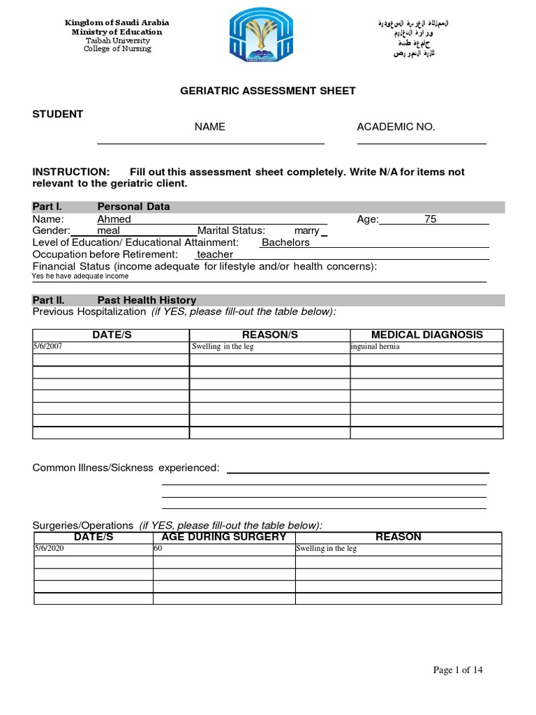 Geriatric Assessment Sheet | PDF | Stairs | Diet & Nutrition