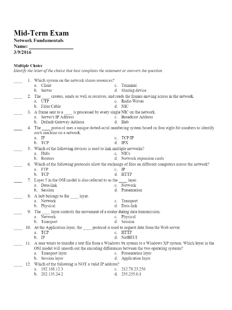 Network Fundamentals Mid-Term Exam | PDF