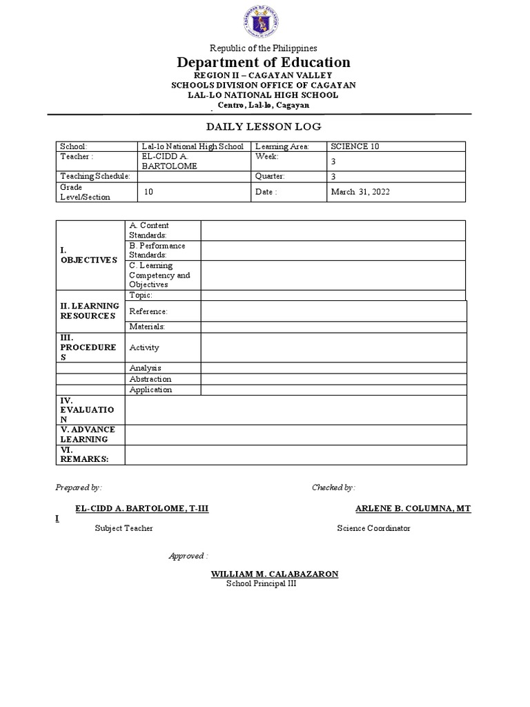 Science 10 Daily Lesson Log - Week 3 | PDF