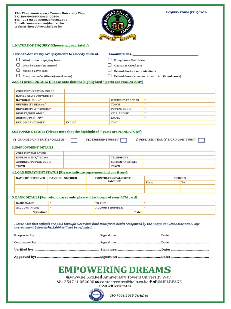 HELB Enquiry Form 2020 | PDF | Banks | Loans