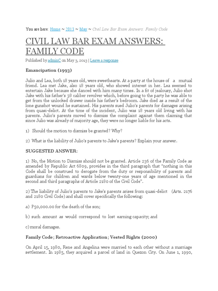 Civil Law Bar Questions and Suggested Answers | PDF | Annulment | Marriage