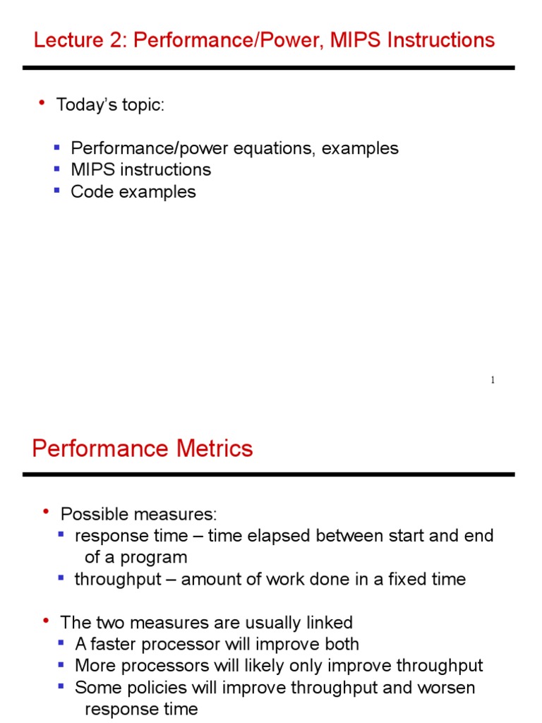 Lecture 2: Performance/Power, MIPS Instructions | PDF | Central Processing Unit | Computer ...