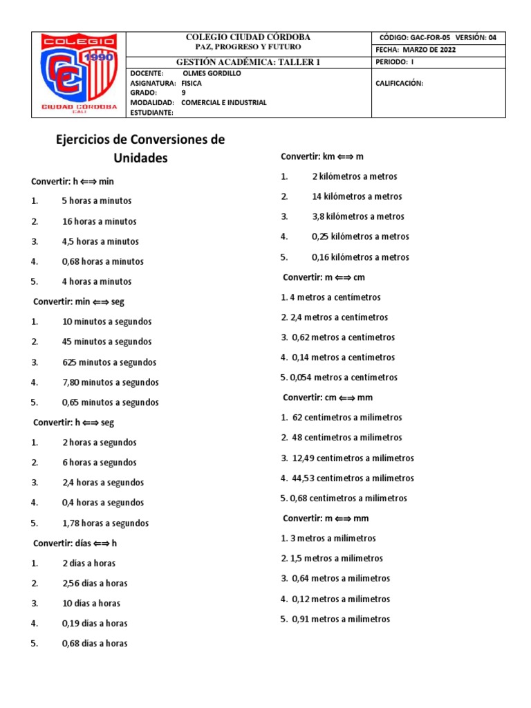 Guía de Ejercicios Conversion de Unidades | PDF | Unidades de medida ...