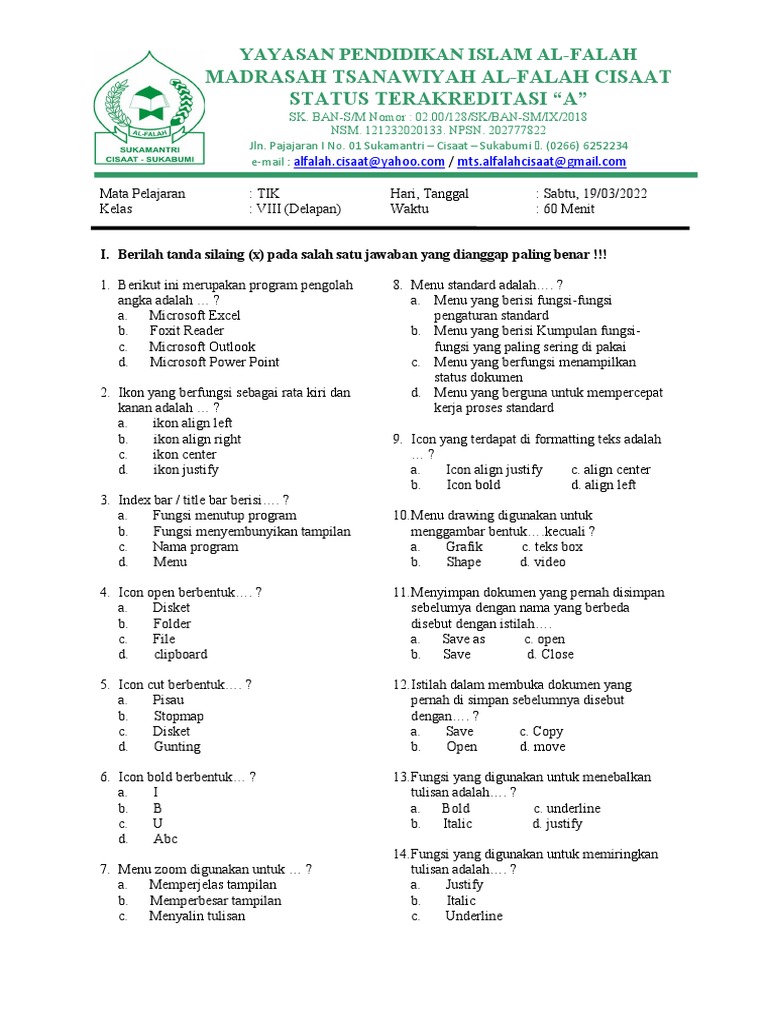 SOAL PTS (Genap) TIK Kelas VIII | PDF | Komputer