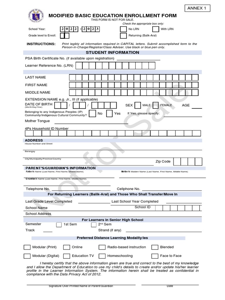 Modified Basic Education Enrollment Form: Student Information | PDF
