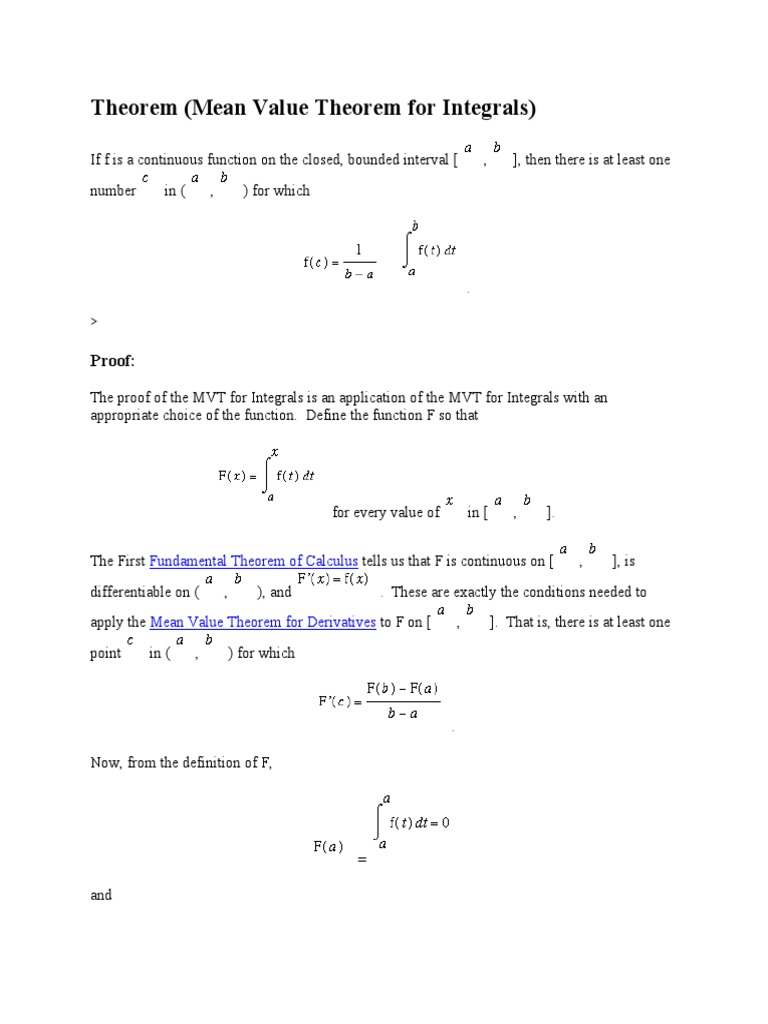 Theorem (Mean Value Theorem For Integrals) : Proof | PDF | Integral ...