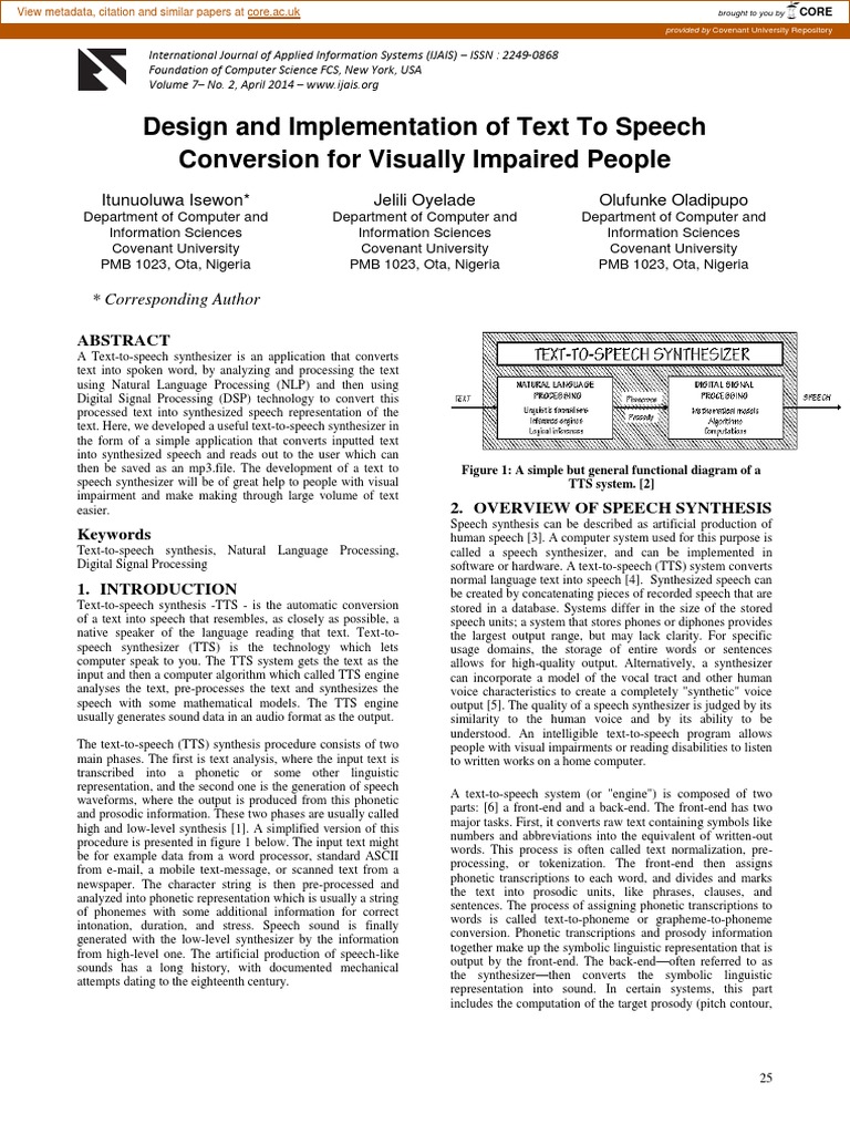 Design and Implementation of Text To Speech Conversion For Visually ...