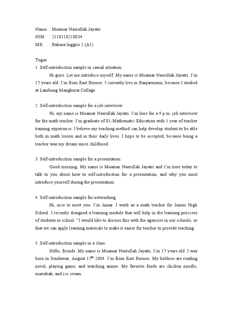 Self-Introduction Examples Guide | PDF | Self-Improvement