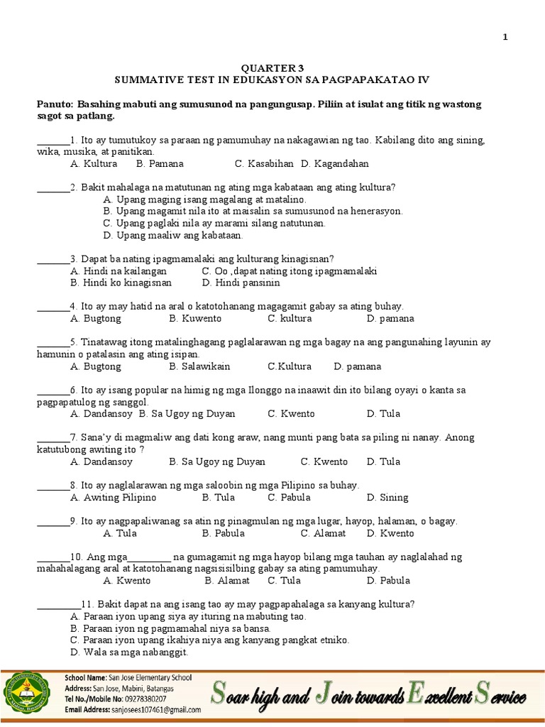 Quarter 3 Grade 4 Summative Test in ESP | PDF