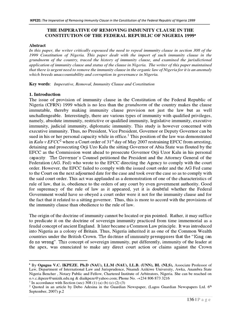 The Imperative of Removing Immunity Clause in The Constitution of The ...