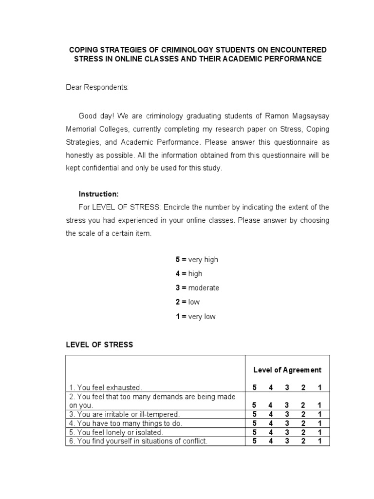 Final Questionnaire. Coping Strategies, Stress and Academic Performance ...