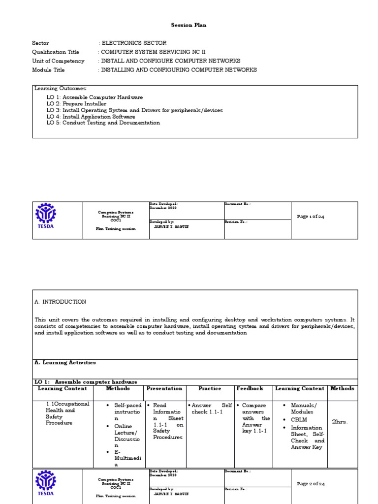 Session Plan: Computer Systems Servicing NC II Coc1 Plan Training Session | PDF | Online And ...