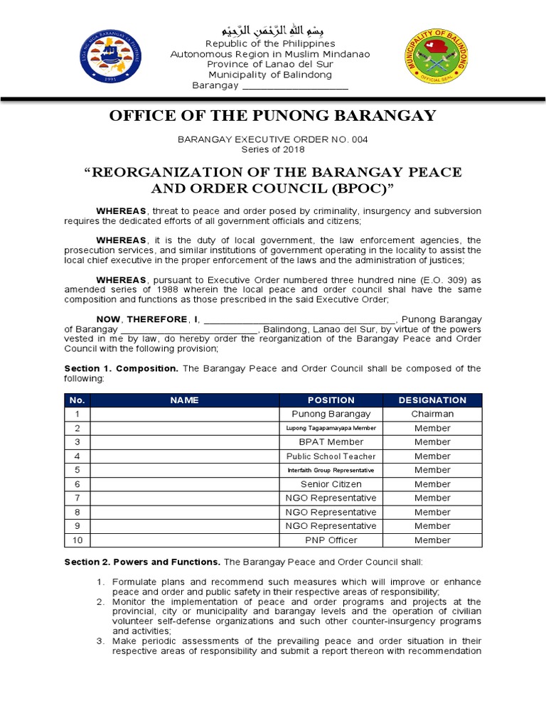 (004) Barangay Peace and Order Council (BPOC) | PDF | Social ...