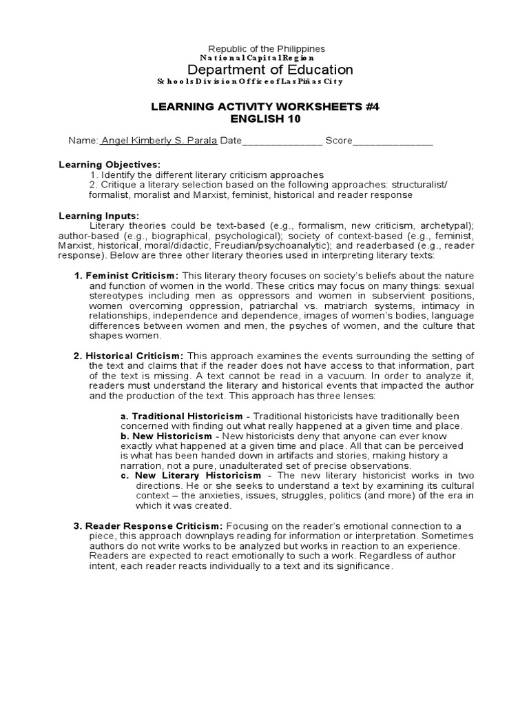 Department of Education: Learning Activity Worksheets #4 English 10 ...