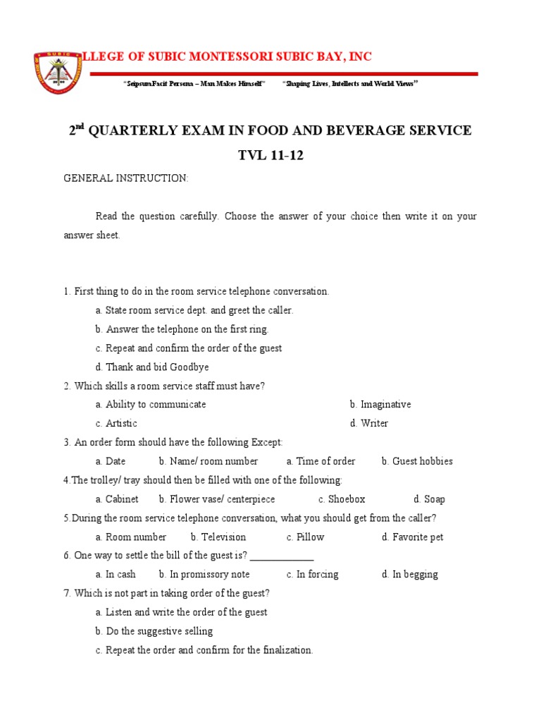 2 Quarterly Exam in Food and Beverage Service TVL 11-12: College of ...