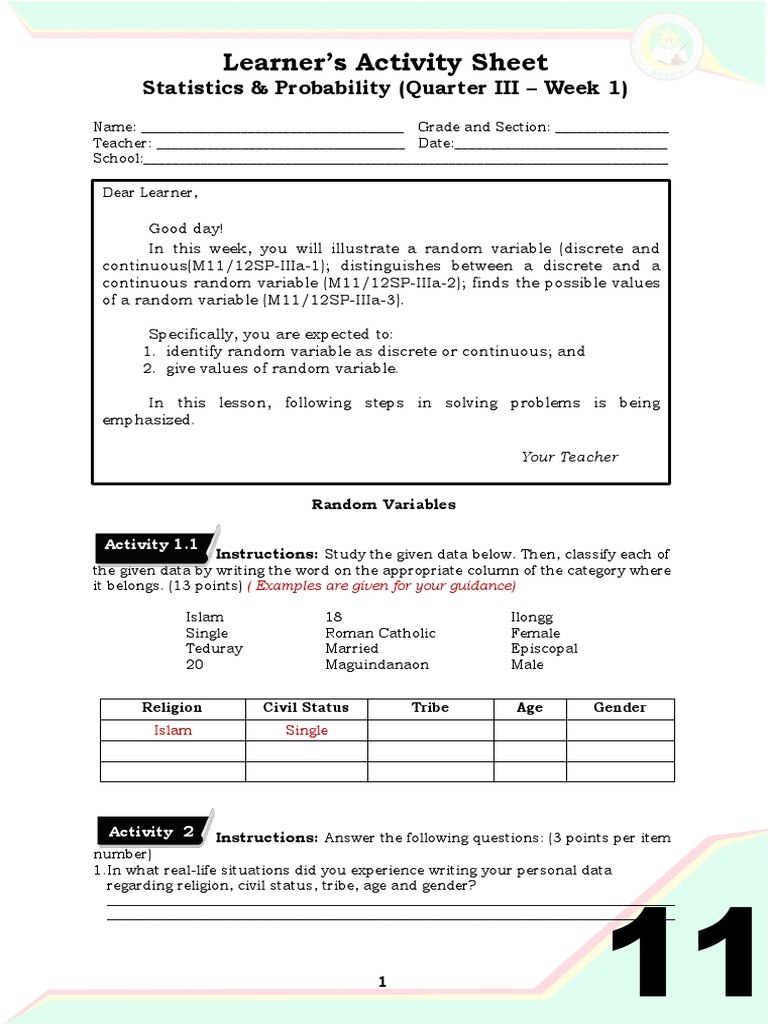 Learner's Activity Sheet: Statistics & Probability (Quarter III - Week 1) | Download Free PDF ...