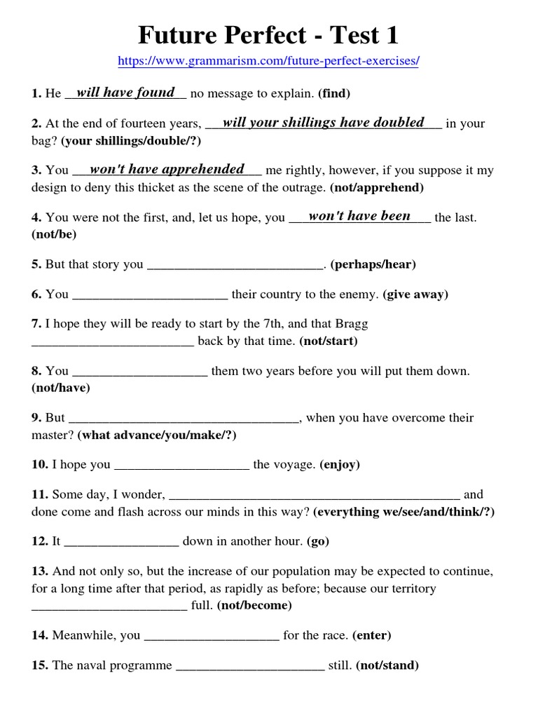 Future Perfect - Test 1: Will Have Found Will Your Shillings Have ...