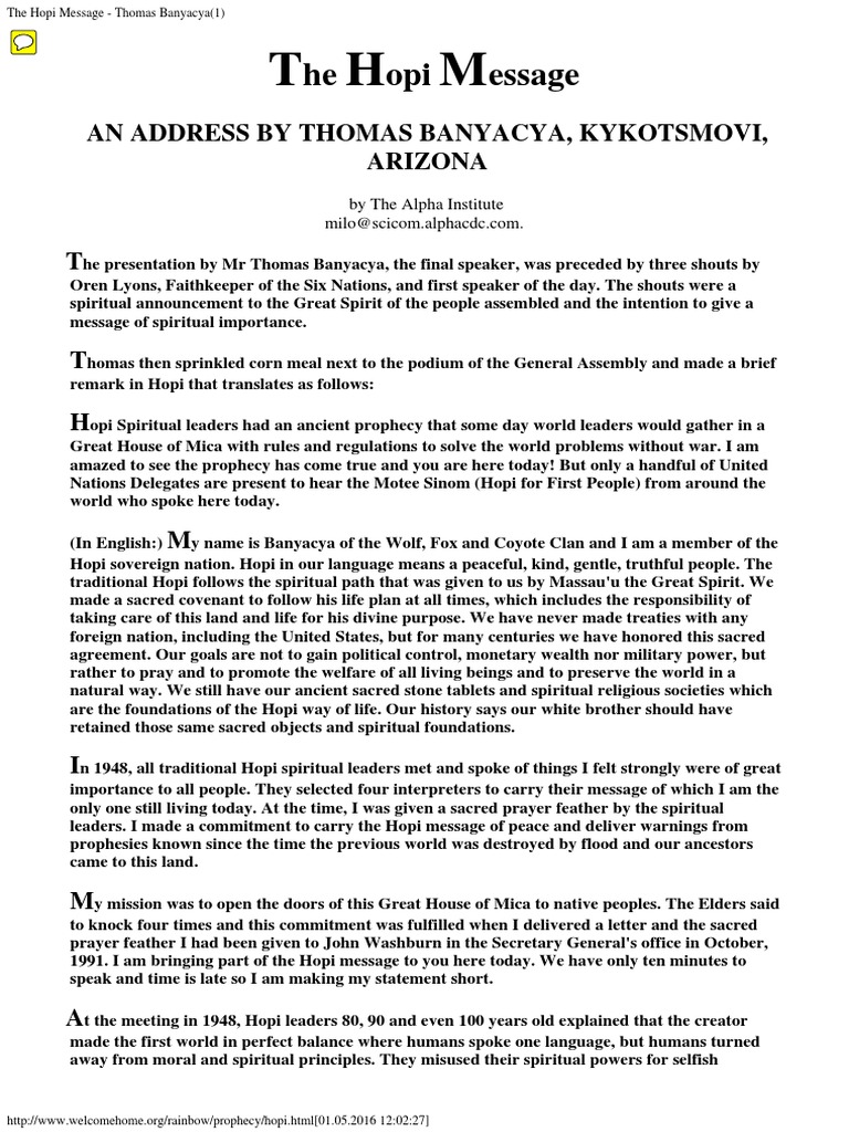 Hopi - The Hopi Message (Address by Thomas Banyacya To The United ...