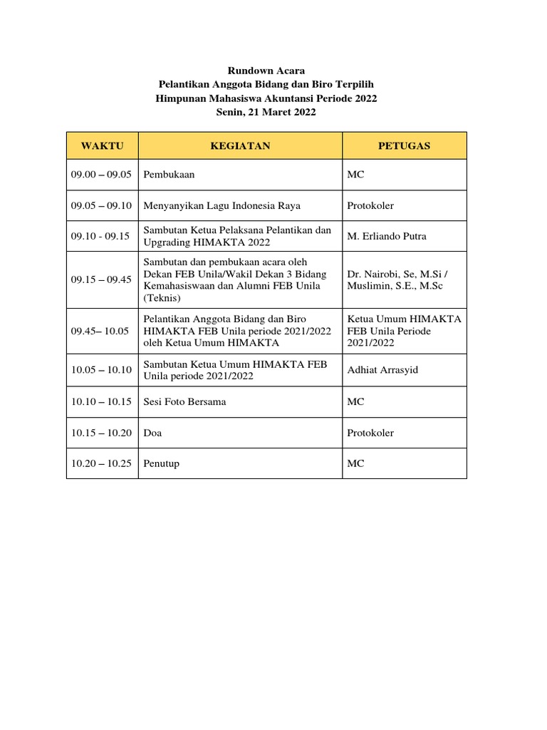 Rundown Acara Pelantikan & Upgrading HIMAKTA 2022 | PDF
