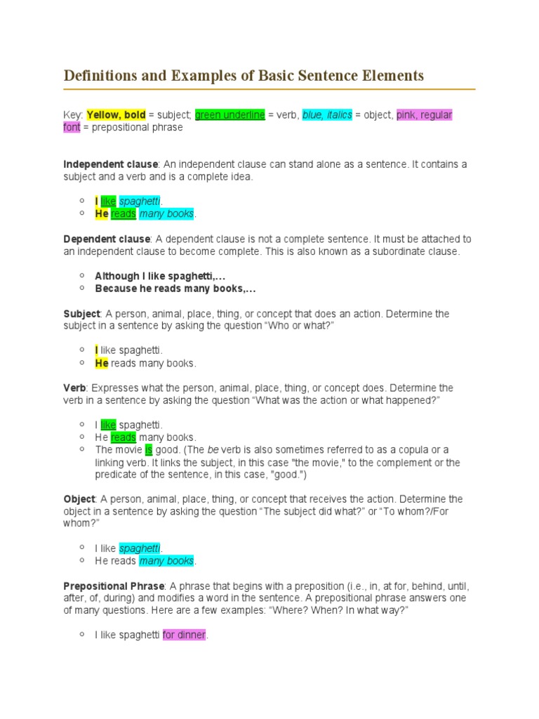 Definitions and Examples of Basic Sentence Elements | PDF | Sentence ...