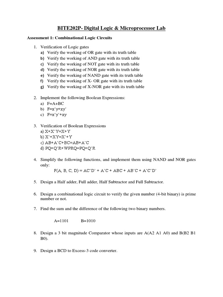 BITE202P-Digital Logic & Microprocessor Lab: Assessment 1: Combinational Logic Circuits | PDF ...