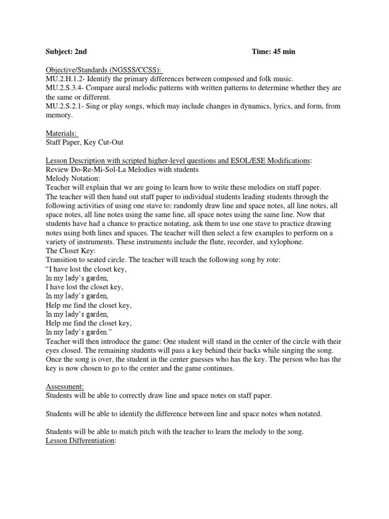 Music Notation and Melody Lesson Plan | PDF | Learning | Cognition