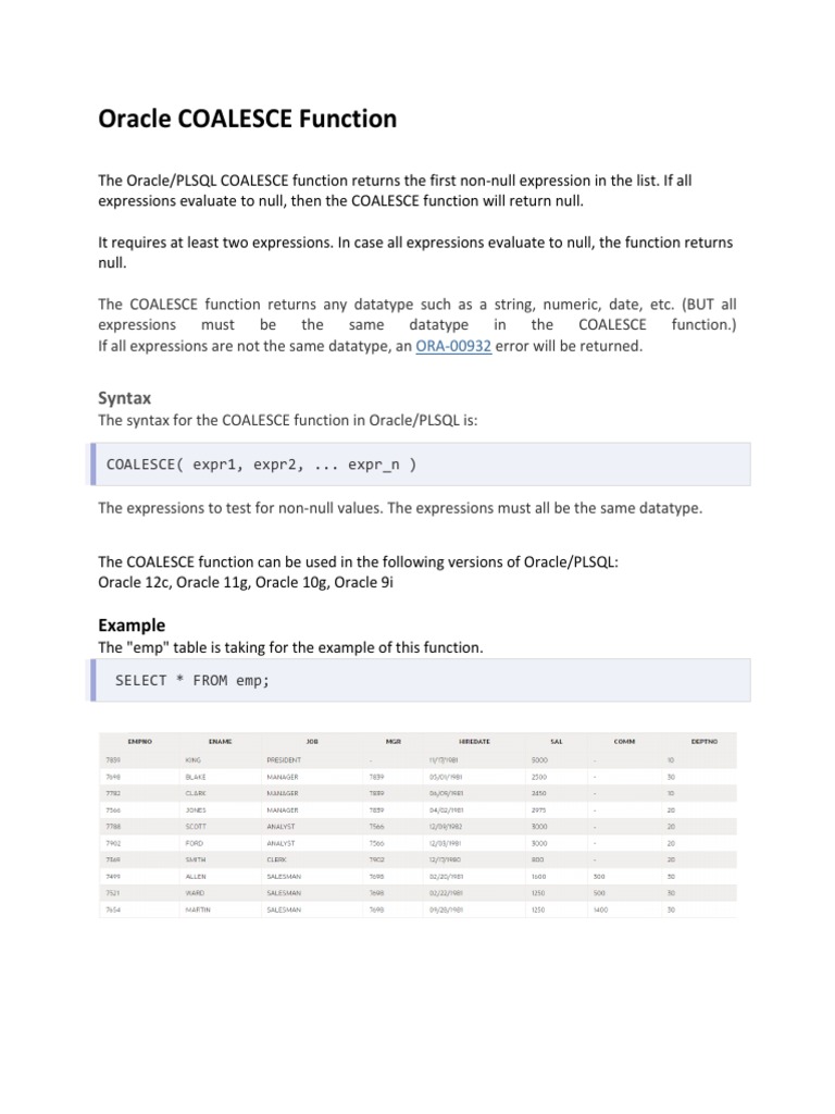 Oracle COALESCE Function: Syntax | Download Free PDF | Computer ...