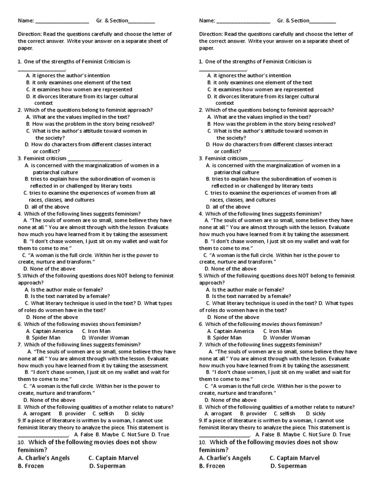 Feminist Literary Analysis Questions | PDF | Gender Studies | Feminism