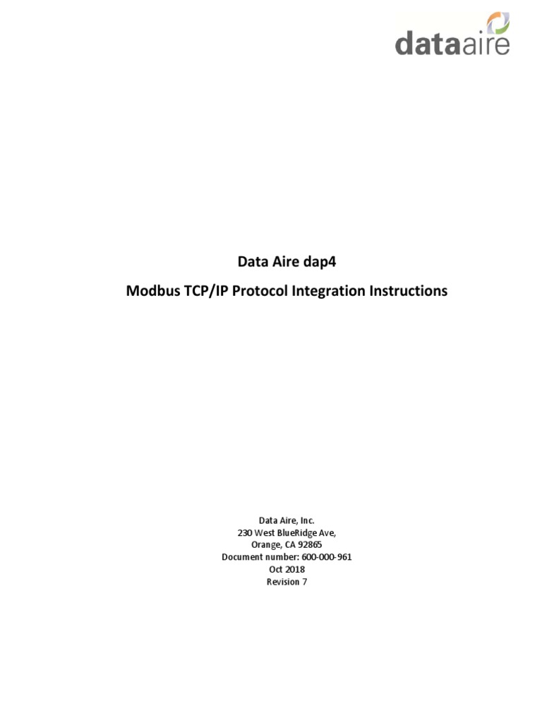 Data Aire Dap4 Modbus TCP/IP Protocol Integration Instructions | PDF ...