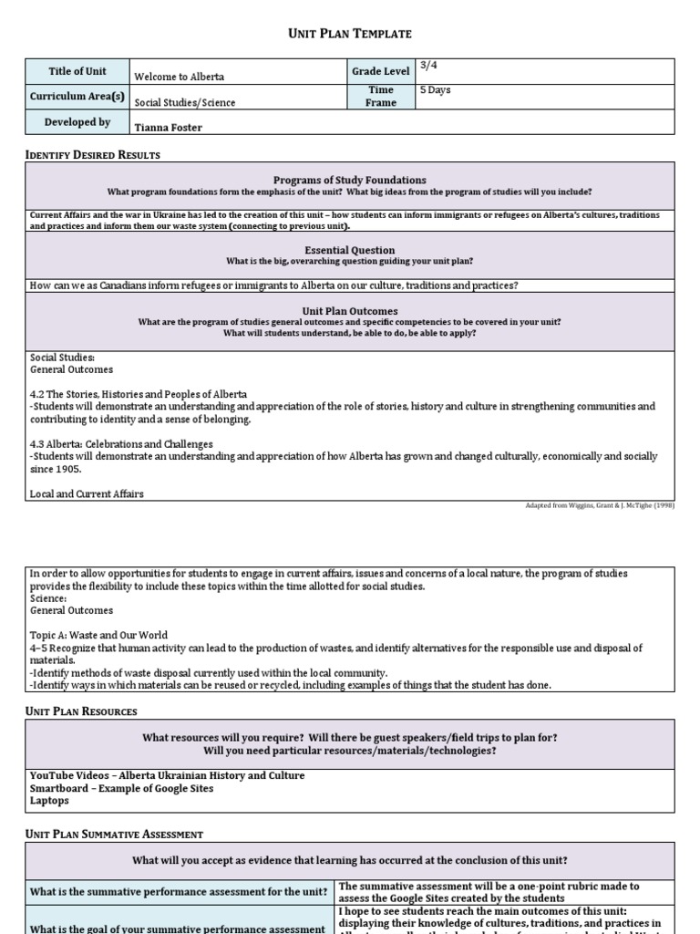 Welcome To Alberta - Unit Plan | PDF | Educational Assessment | Cognition
