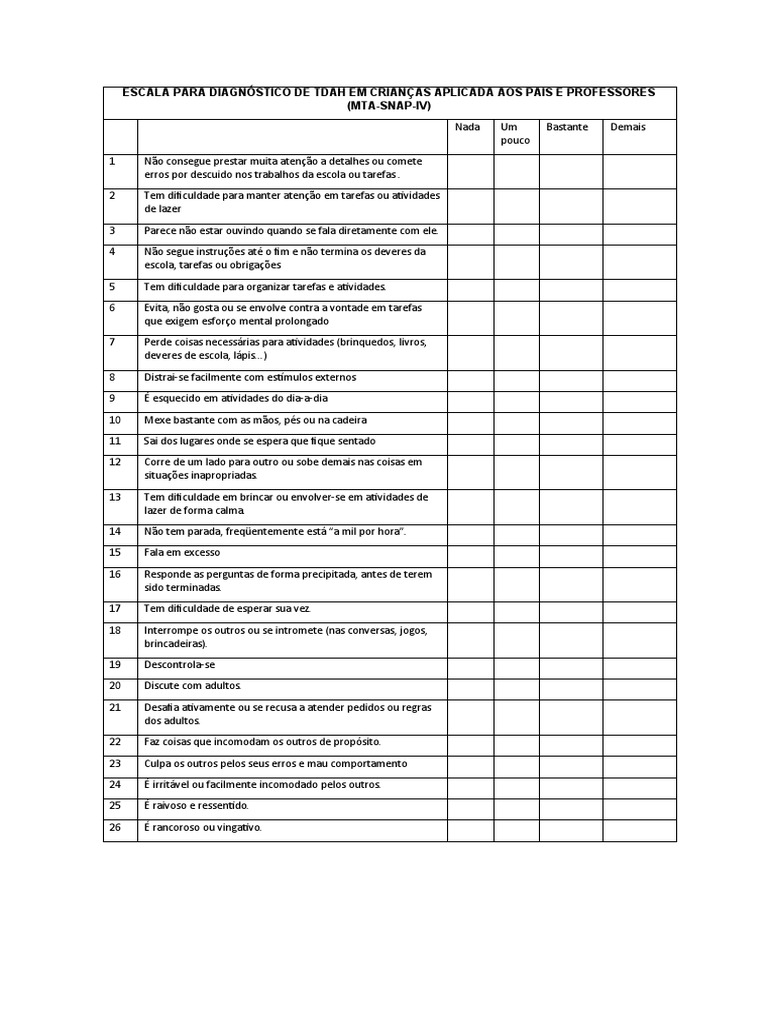 SNAP IV - ESCALA TDAH Criancas | PDF