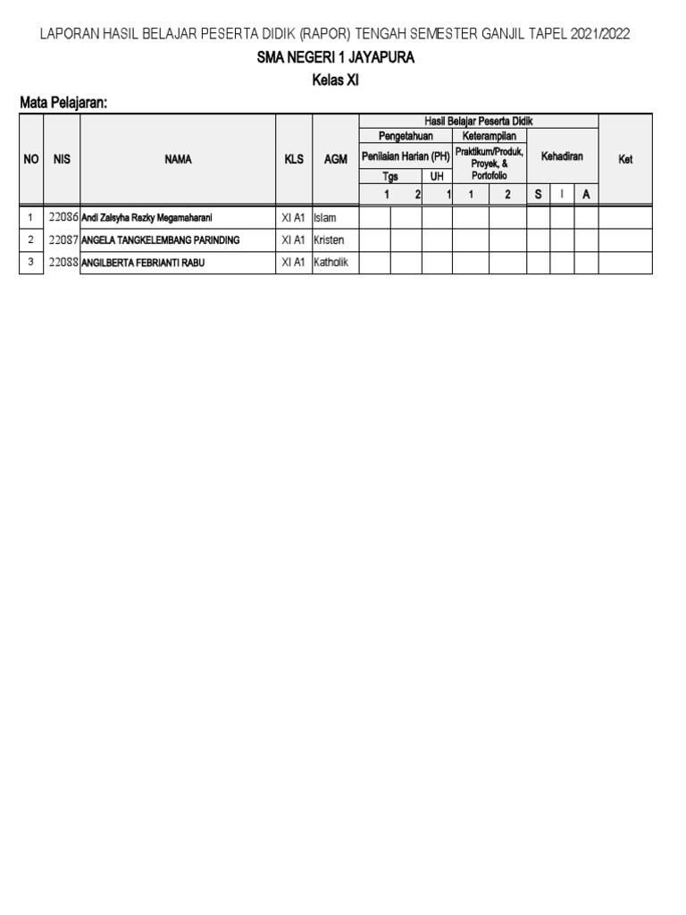 Blangko Nilai Kls XI Selama Tengah Semster Ganjil | PDF