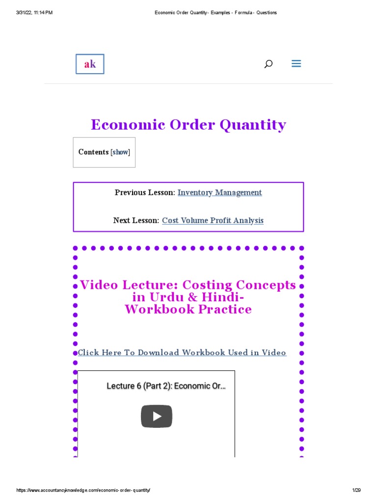 Economic Order Quantity - Examples - Formula - Questions | PDF ...