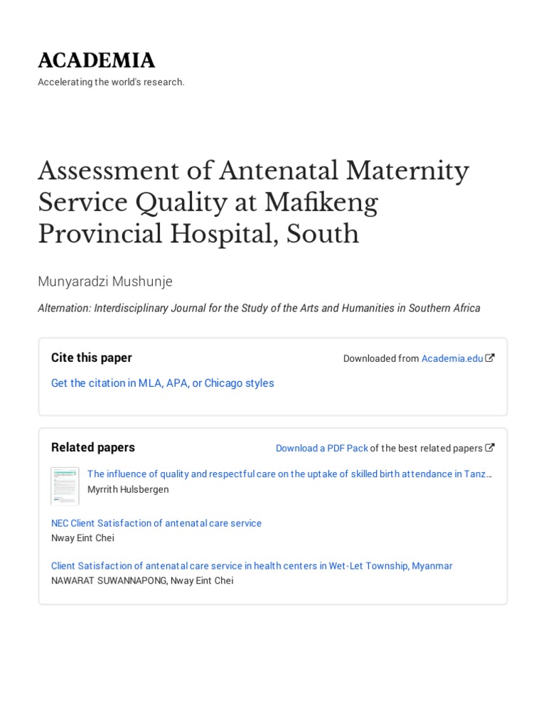 Assessment of Antenatal Maternity Service Quality at Mafikeng ...