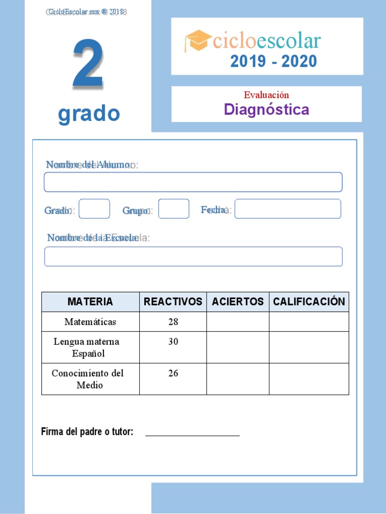 Examen Diagnóstico Segundo Grado 2019 2020 | PDF | Prueba (evaluación)
