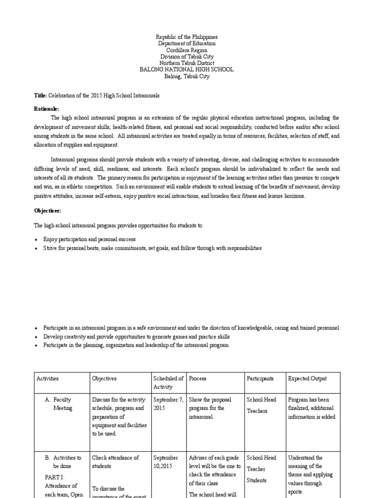 Title: Celebration of The 2015 High School Intramurals Rationale | PDF ...