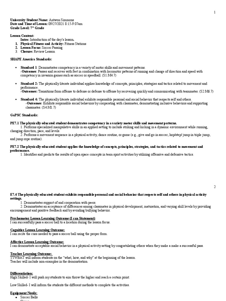 7th Grade Soccer Lesson Plan Tunisia | PDF | Learning | Teachers