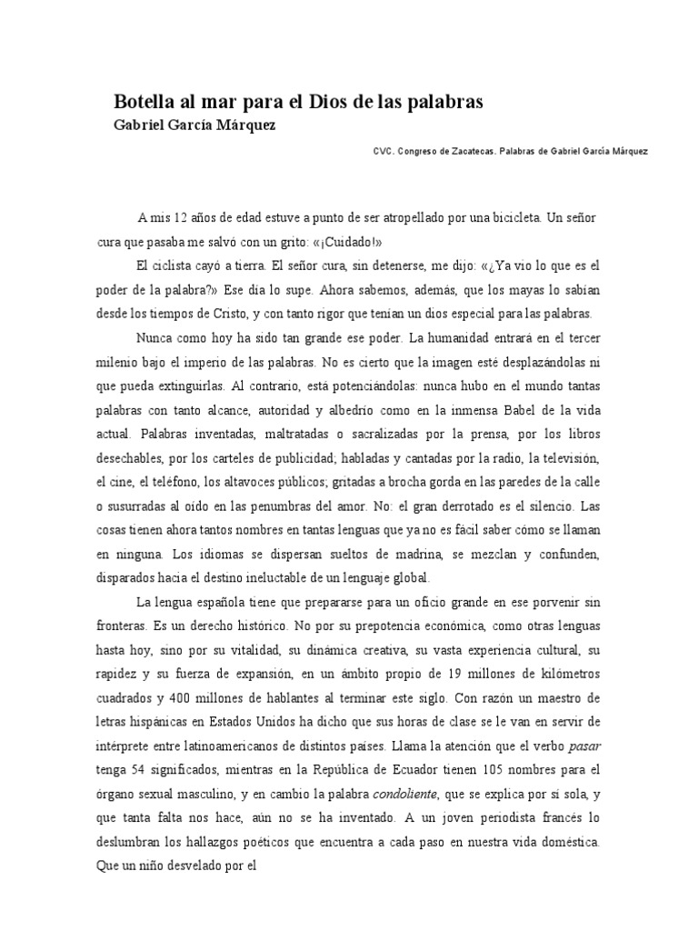 Botella Al Mar Al Dios de La Las Palabras García Márquez | PDF ...