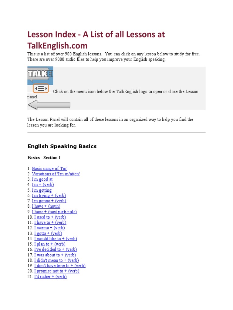 Lesson Index - A List of All Lessons At: English Speaking Basics | PDF ...