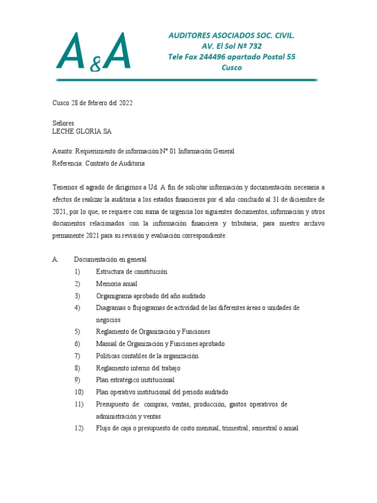 Carta de Requerimiento de Informacion y Documentacion | PDF | Auditoría ...