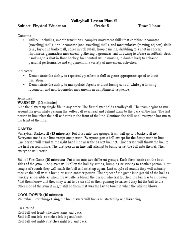 Grade 8 PE Volleyball Lesson Plan | PDF | Volleyball | Leisure